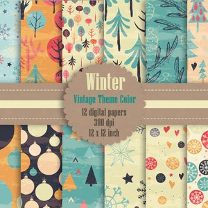 12 Winter Pattern Digital Papers in Vintage Theme Color in 12 Inch ...