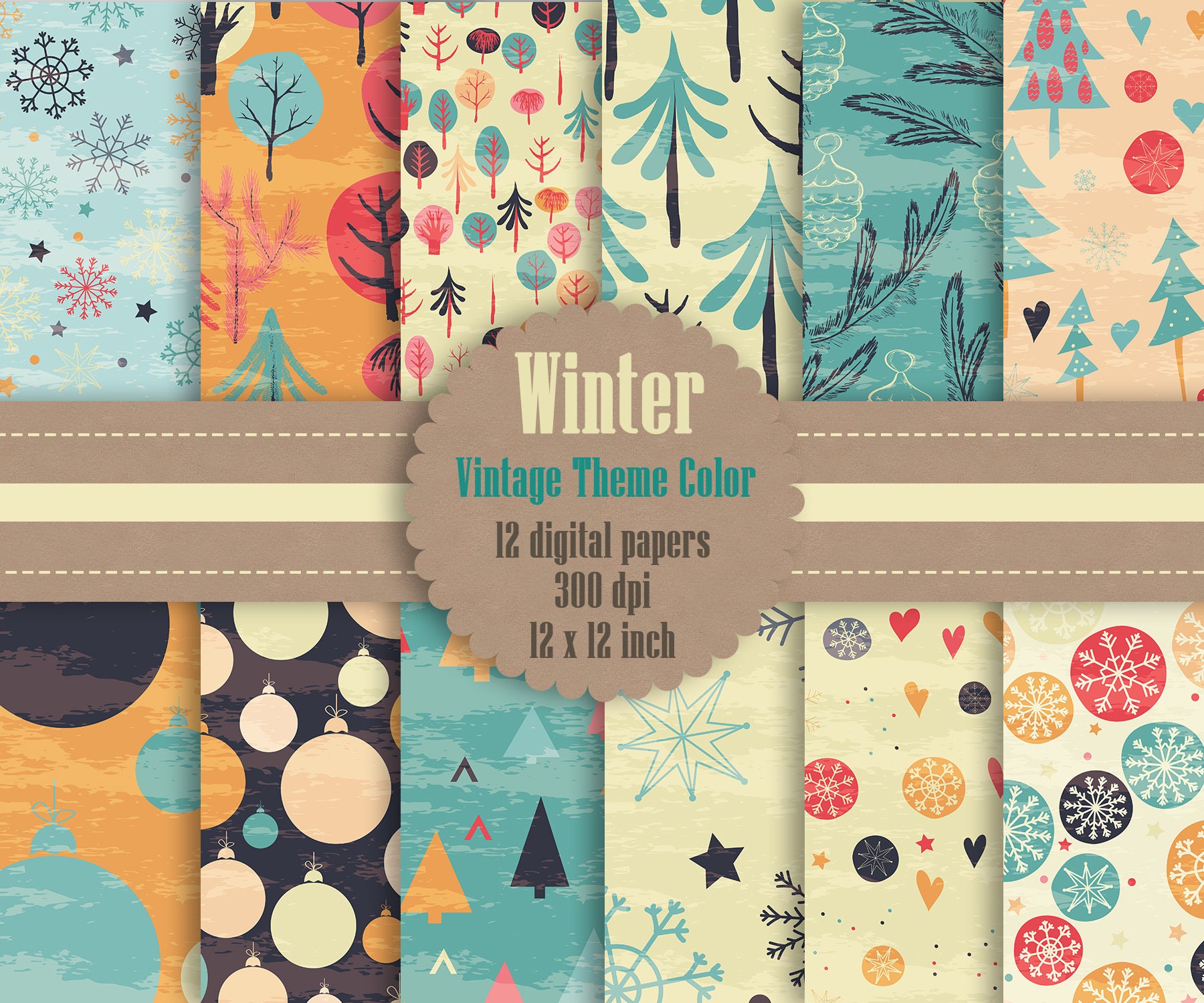 12 Winter Pattern Digital Papers in Vintage Theme Color in 12 Inch ...