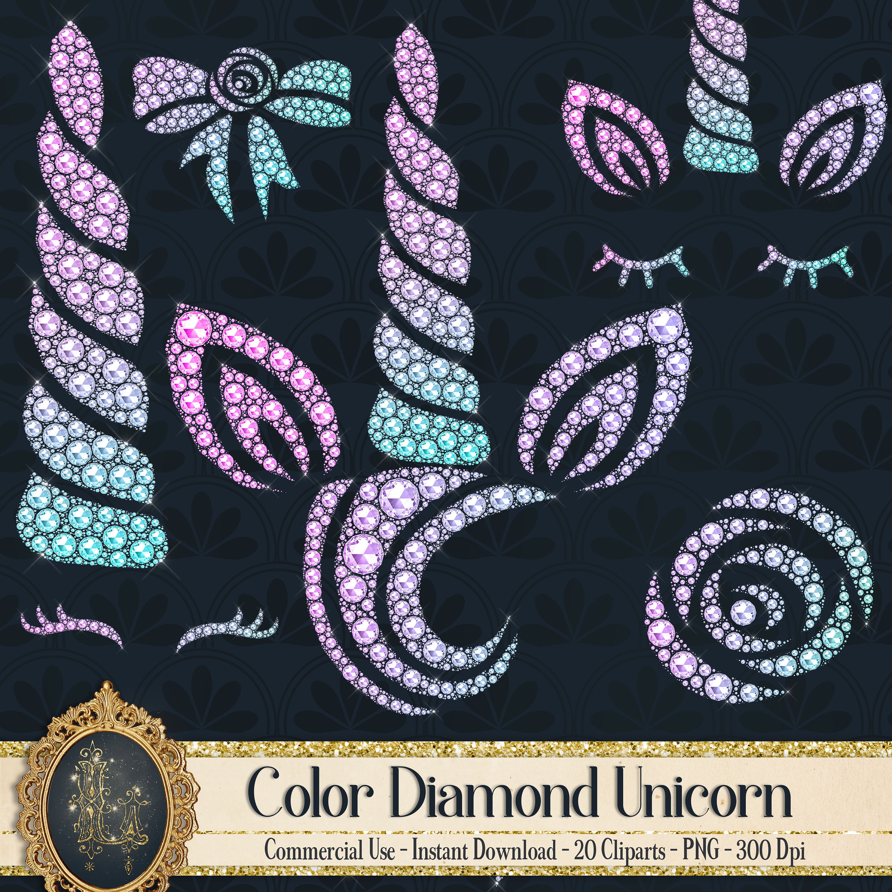 20 Diamond Unicorn Clip Arts 300 Dpi Instant Download Commercial Use ...