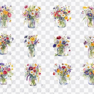 12 Watercolor Wildflower in a Mason Jar Ephemera Isolated Transparent ...