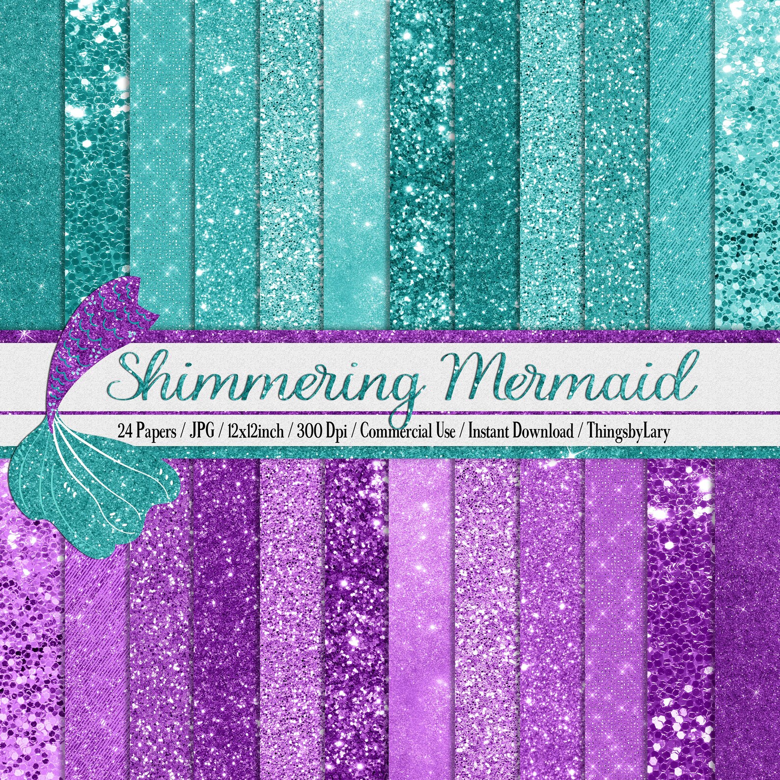 24 Shimmering Mermaid Glitter Digital Papers 12 X 12 Inch 300 - Etsy