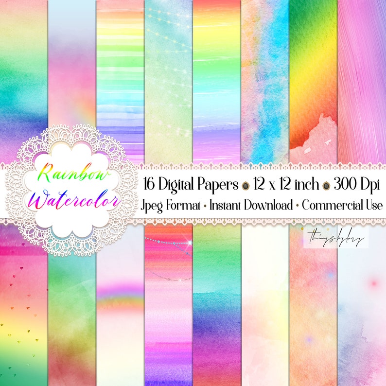 16 Rainbow Watercolor Digital Papers 12x12 300 Dpi - Etsy