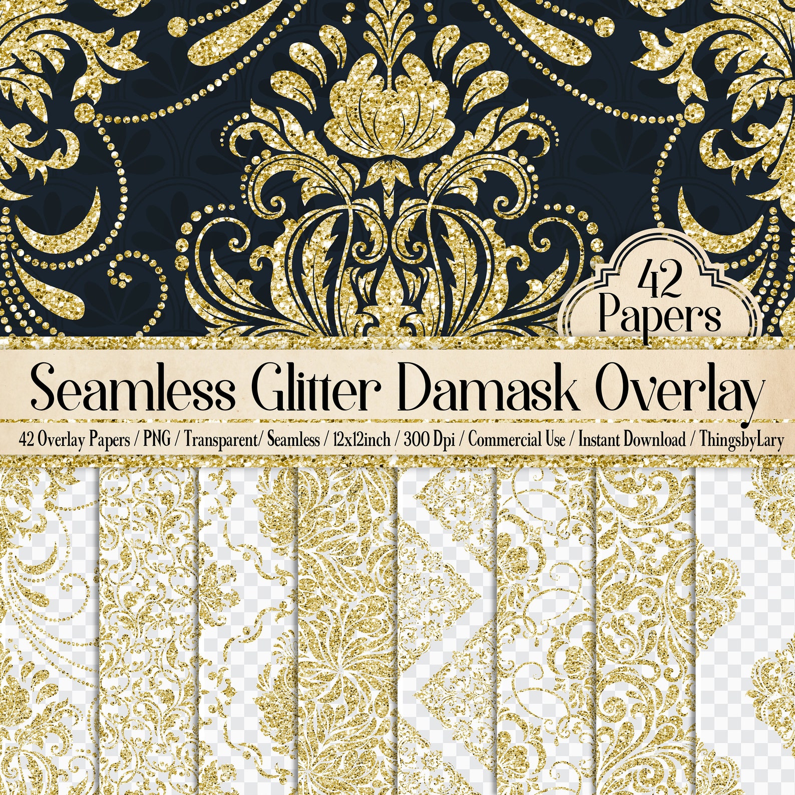 42 Gold Glitter Seamless Damask Ornament Overlays 12inch Transparent ...