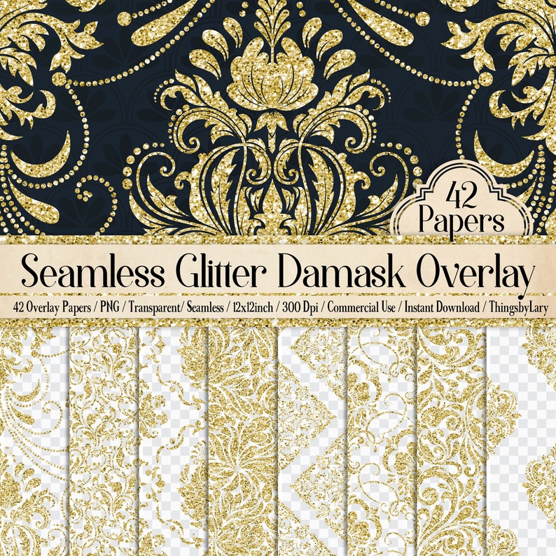 42 Gold Glitter Seamless Damask Ornament Overlays 12inch Transparent ...
