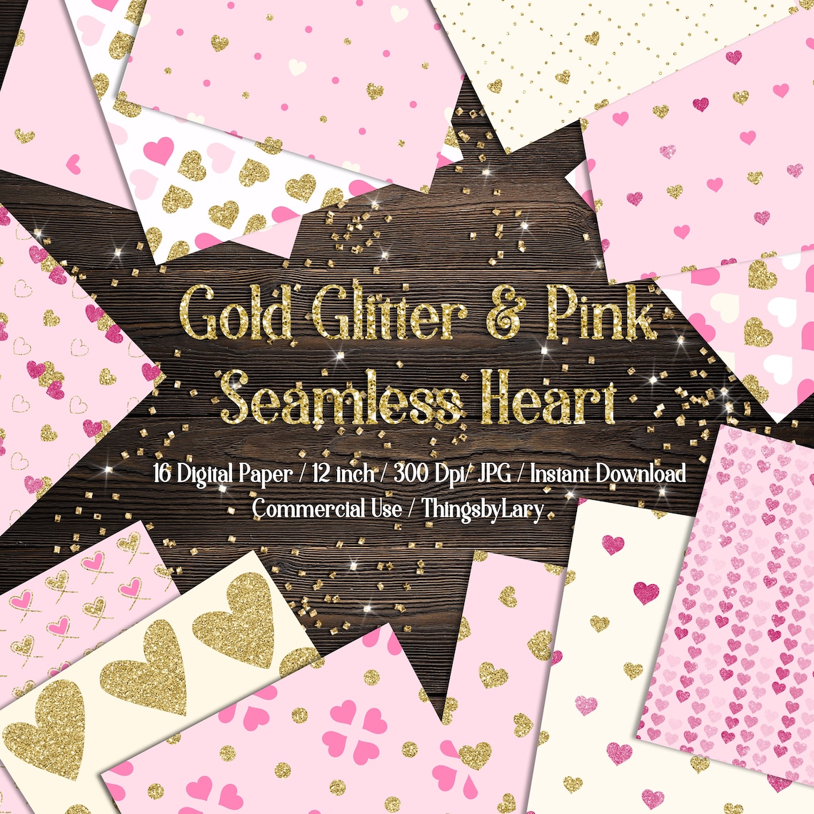 16 Gold Glitter and Pink Heart Digital Papers Commercial Use - Etsy