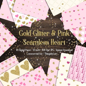 16 Gold Glitter and Pink Heart Digital Papers Commercial Use, Glitter ...