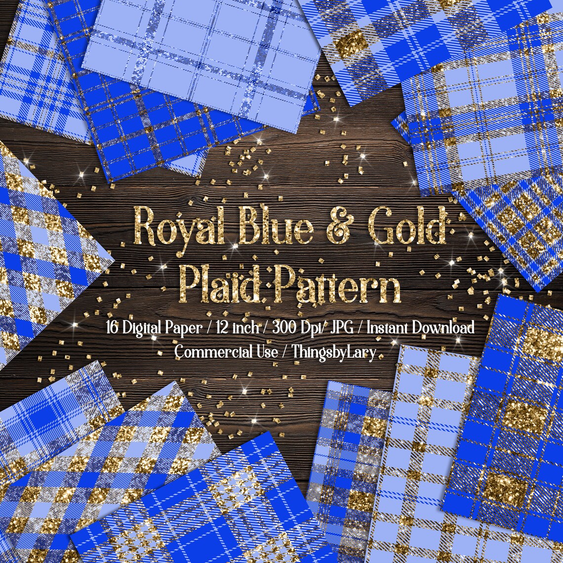 16 Luxury Gold and Royal Blue Glitter Plaid Tartan Digital - Etsy
