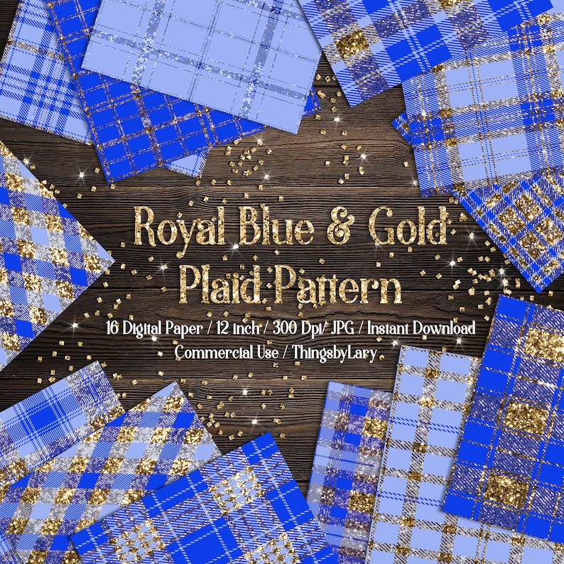 16 Luxury Gold and Royal Blue Glitter Plaid Tartan Digital | Etsy