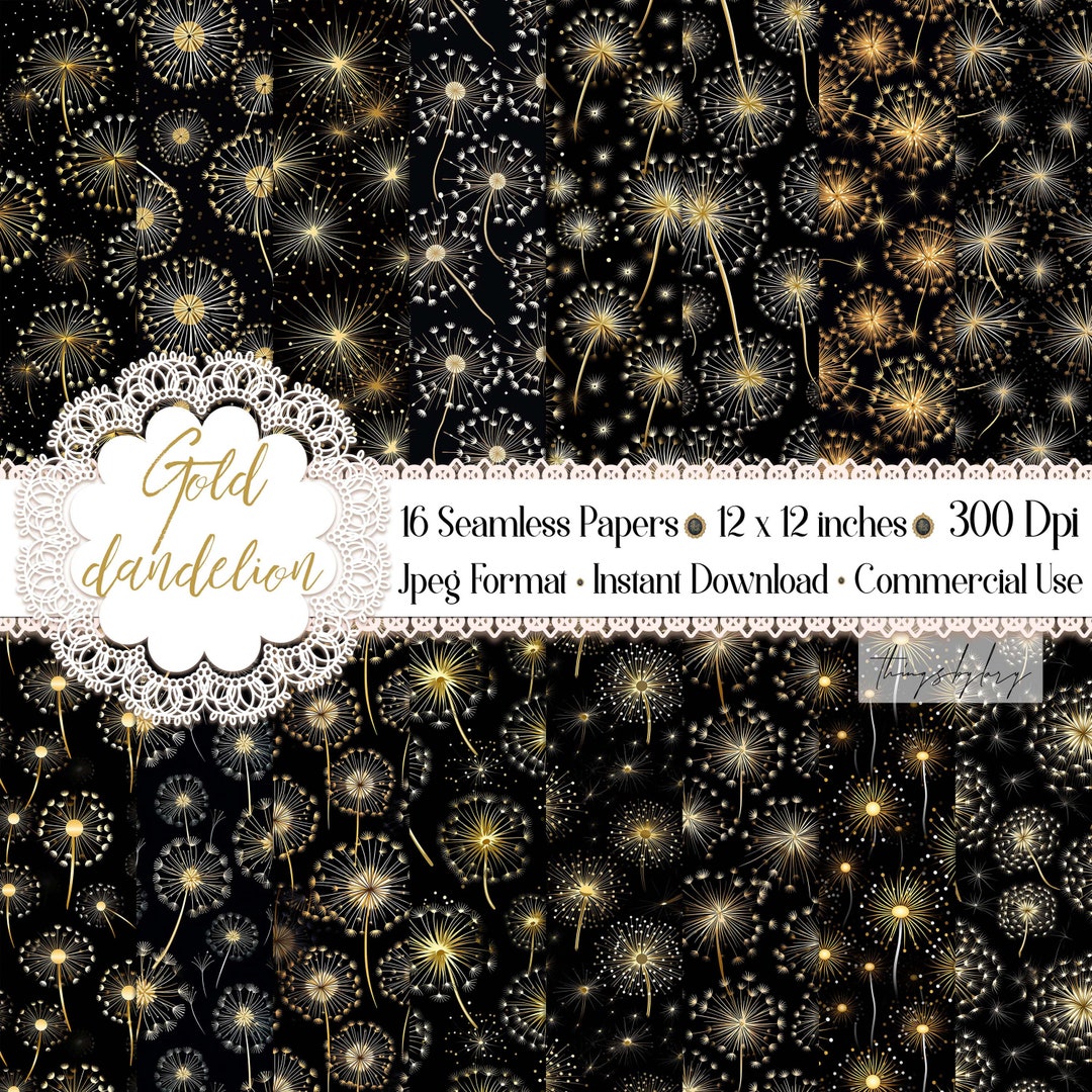 16 Seamless Black and Gold Dandelion Digital Papers Commercial Use ...