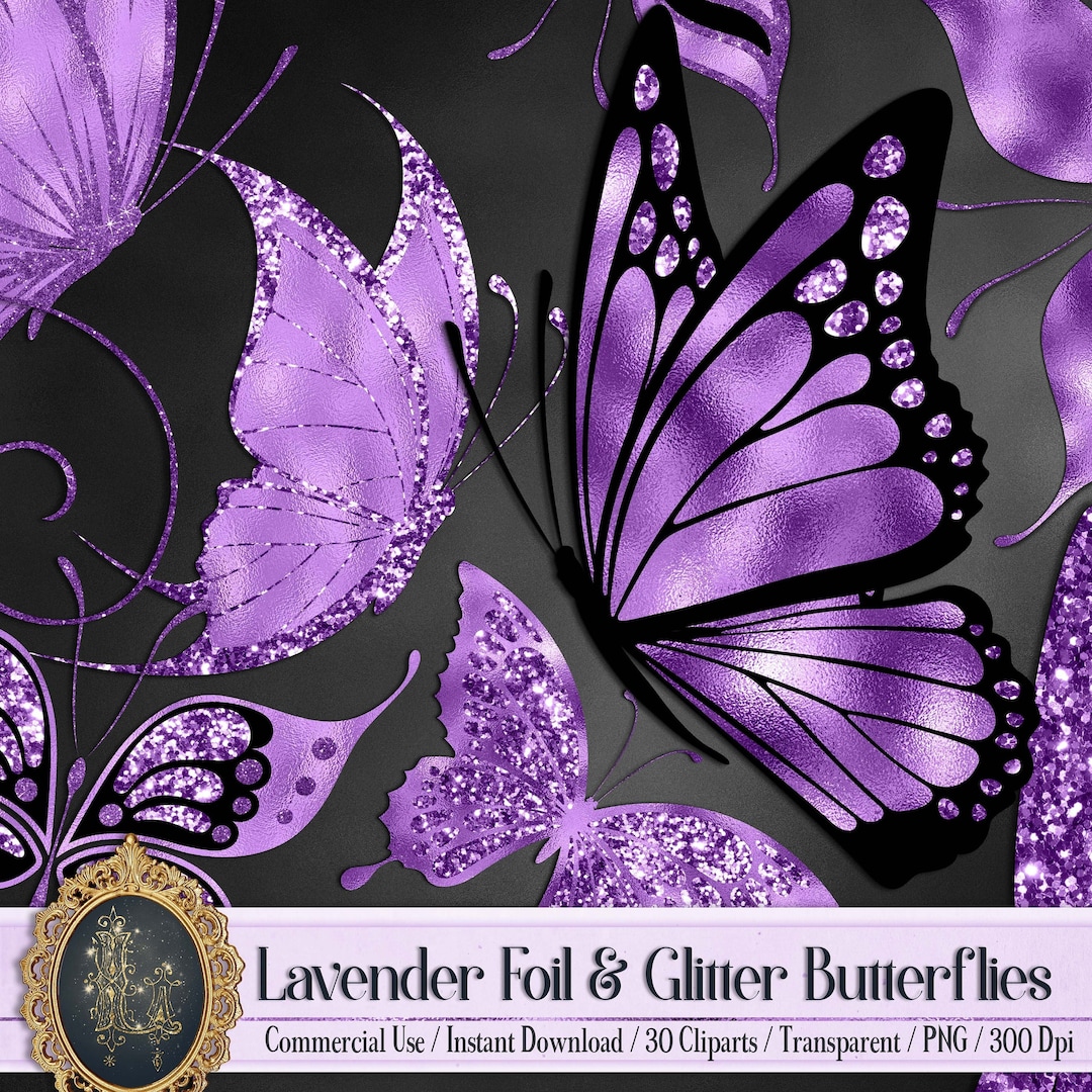 30 Lavender Purple Foil and Glitter Butterfly PNG Image Isolated ...