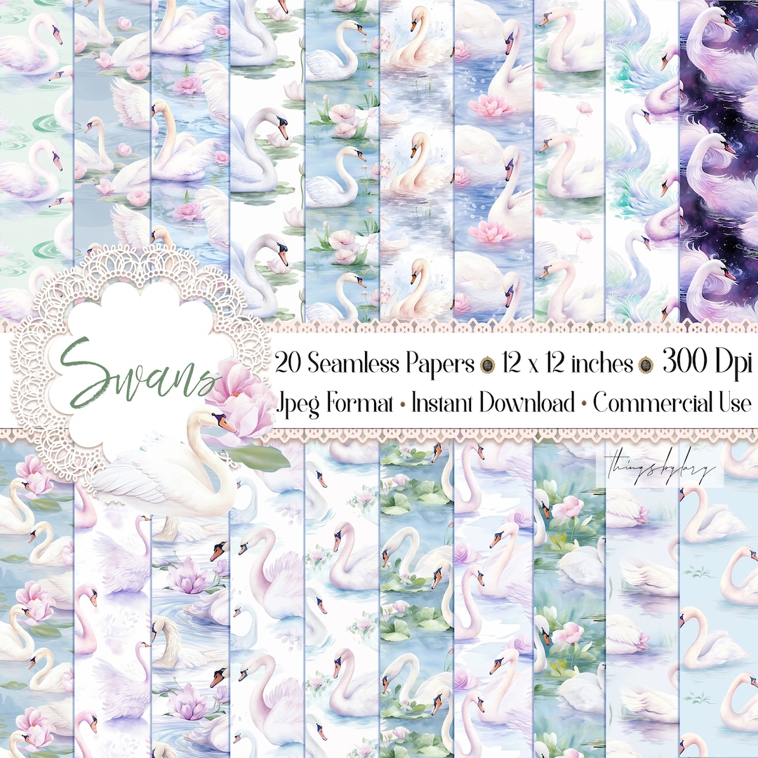 20 Seamless Watercolor Swans Digital Papers Commercial Use Swan and ...