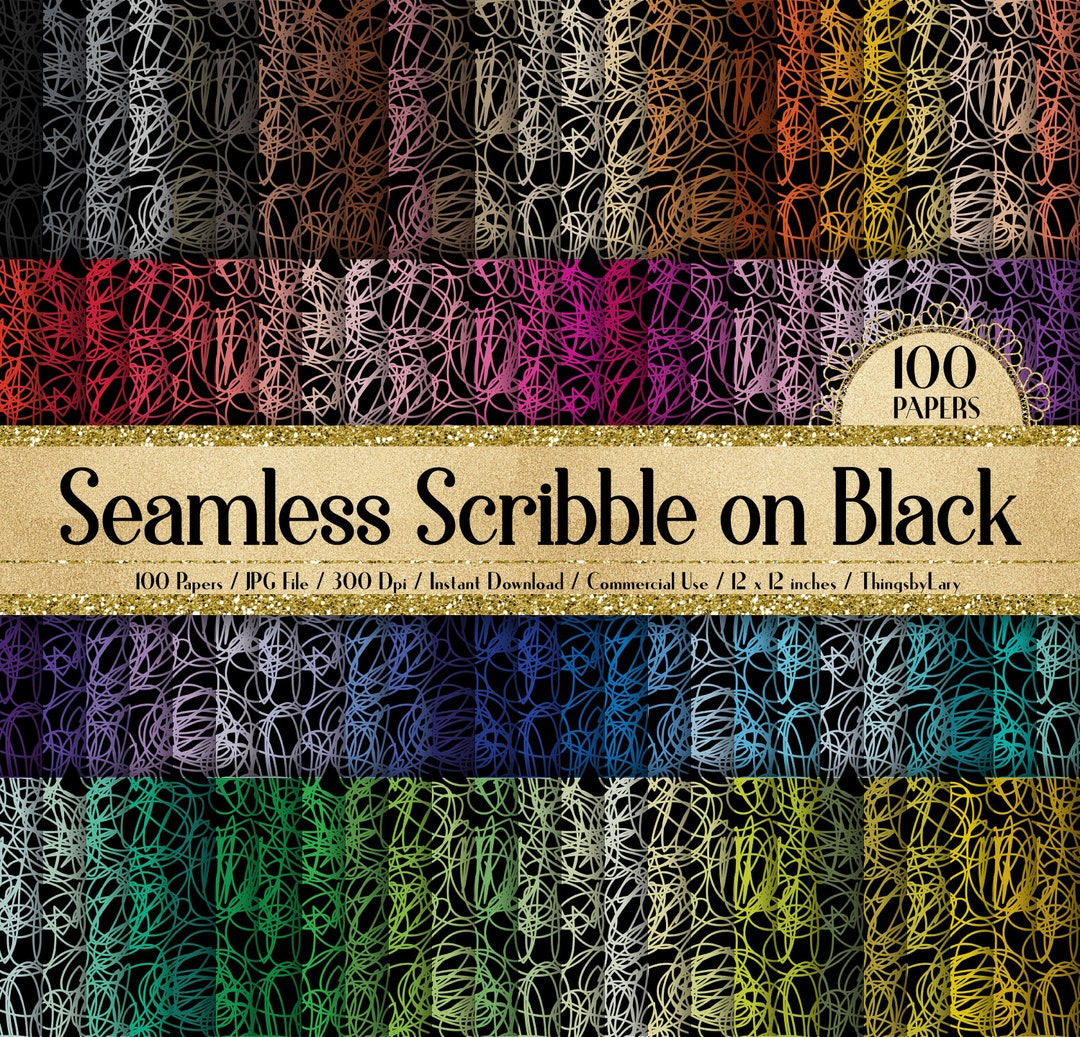 100 Seamless Scribble on Black Digital Papers Commercial Use Hand Drawn ...