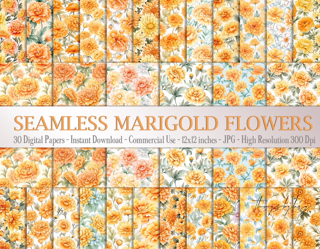30 Seamless Watercolor Marigold Flowers Digital Papers Commercial Use ...