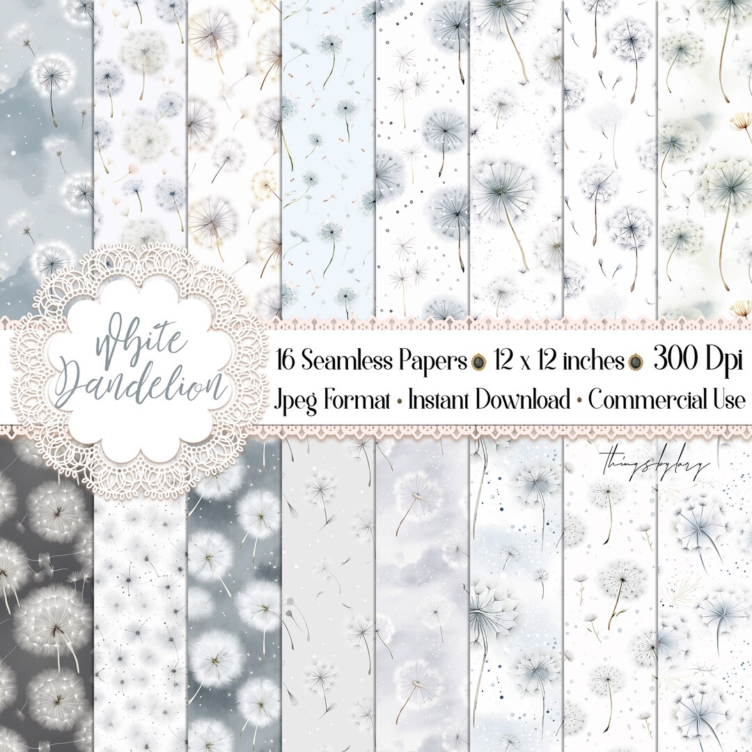 16 Seamless Watercolor Falling White Dandelion Digital Papers ...