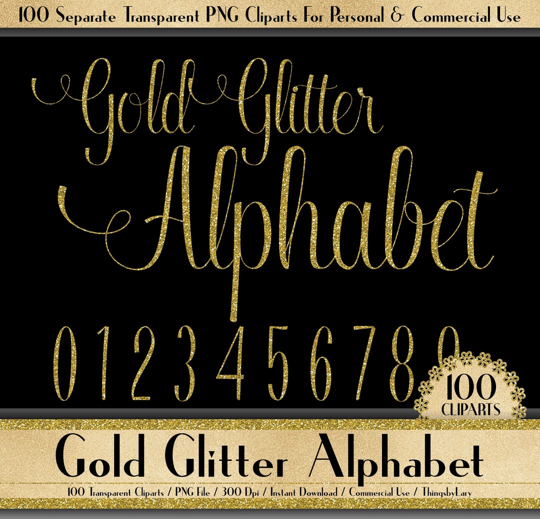 100 Gold Glitter Alphabet Cliparts in 12" X 12" Separate, 300 Dpi ...