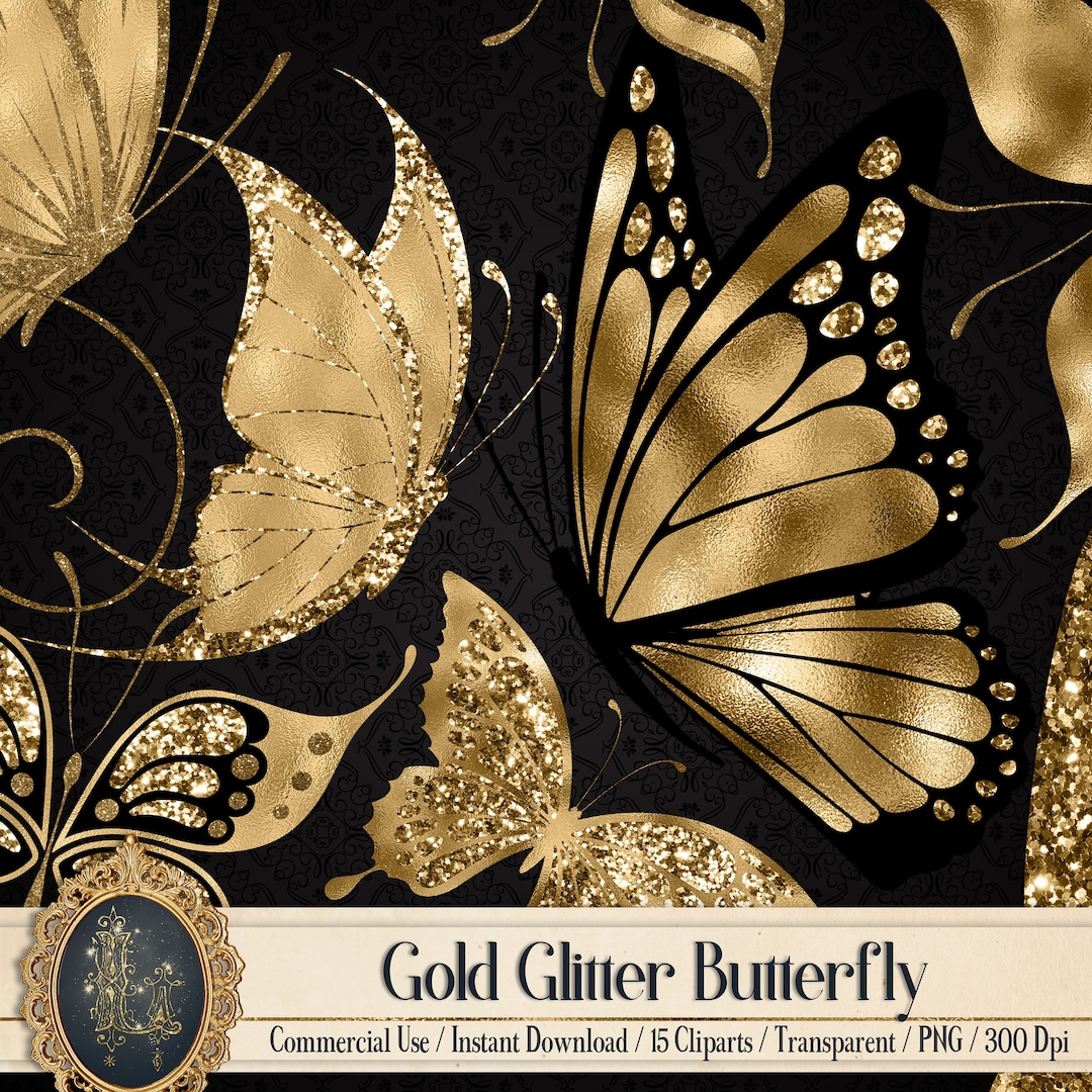 15 Gold Glitter Foil Butterfly Clip Arts 300 Dpi Instant Download ...