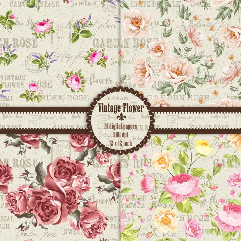 14 Vintage Flower Digital Papers 12 Flower Digital - Etsy