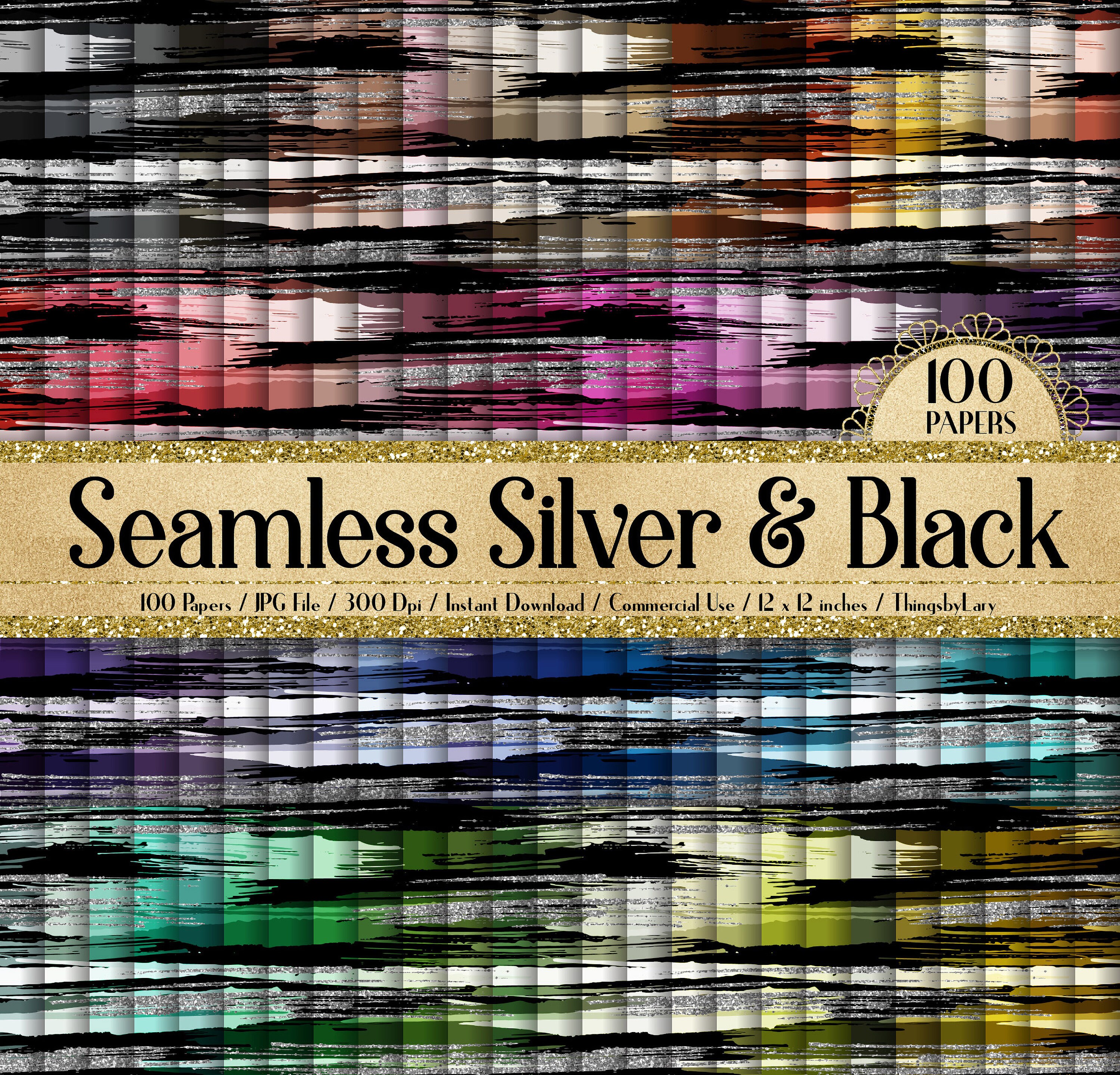100 Seamless Black Silver Glitter Brush Stroke Digital Papers ...