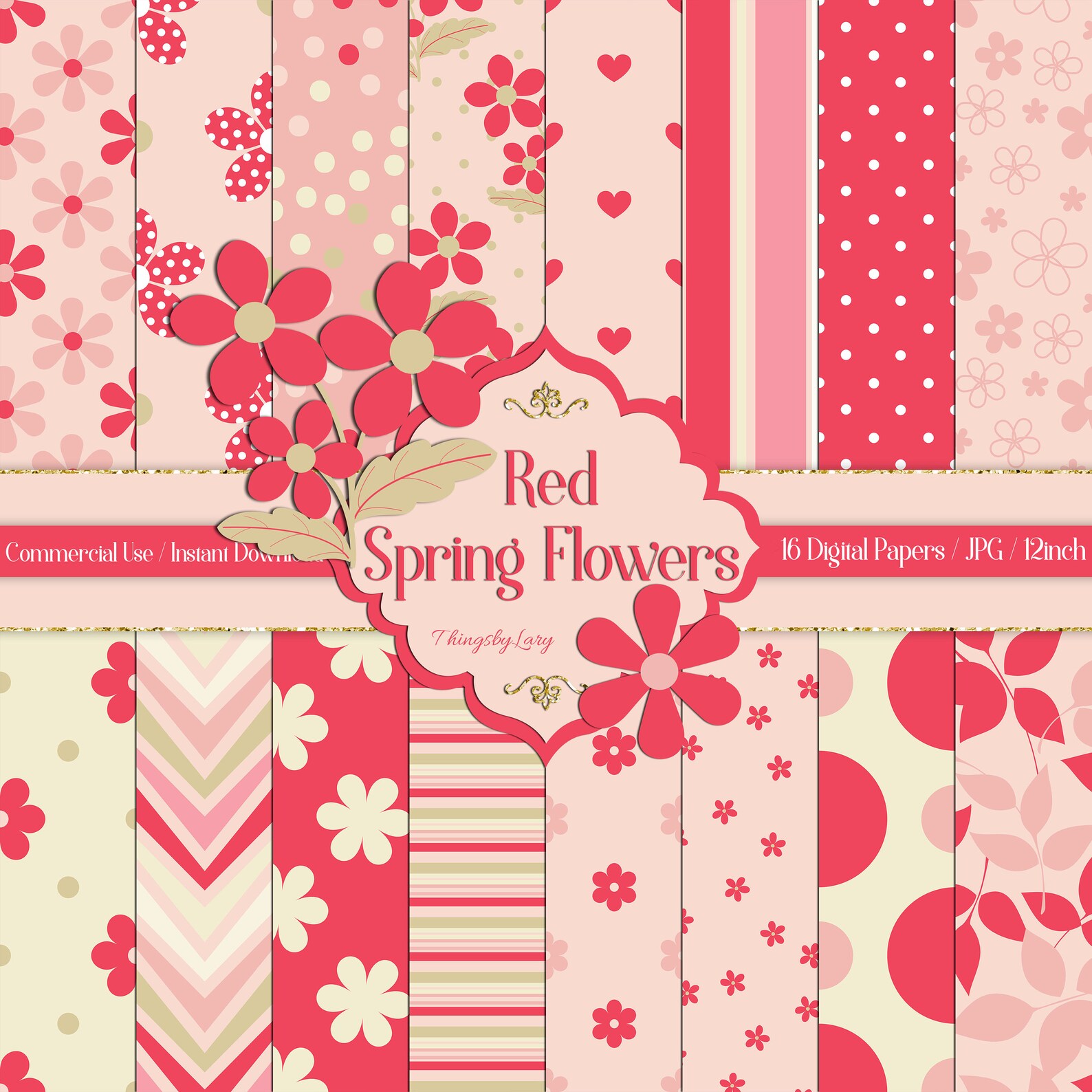 16 Seamless Red Spring Flower Papers in 12inch 300 Dpi Planner Paper ...
