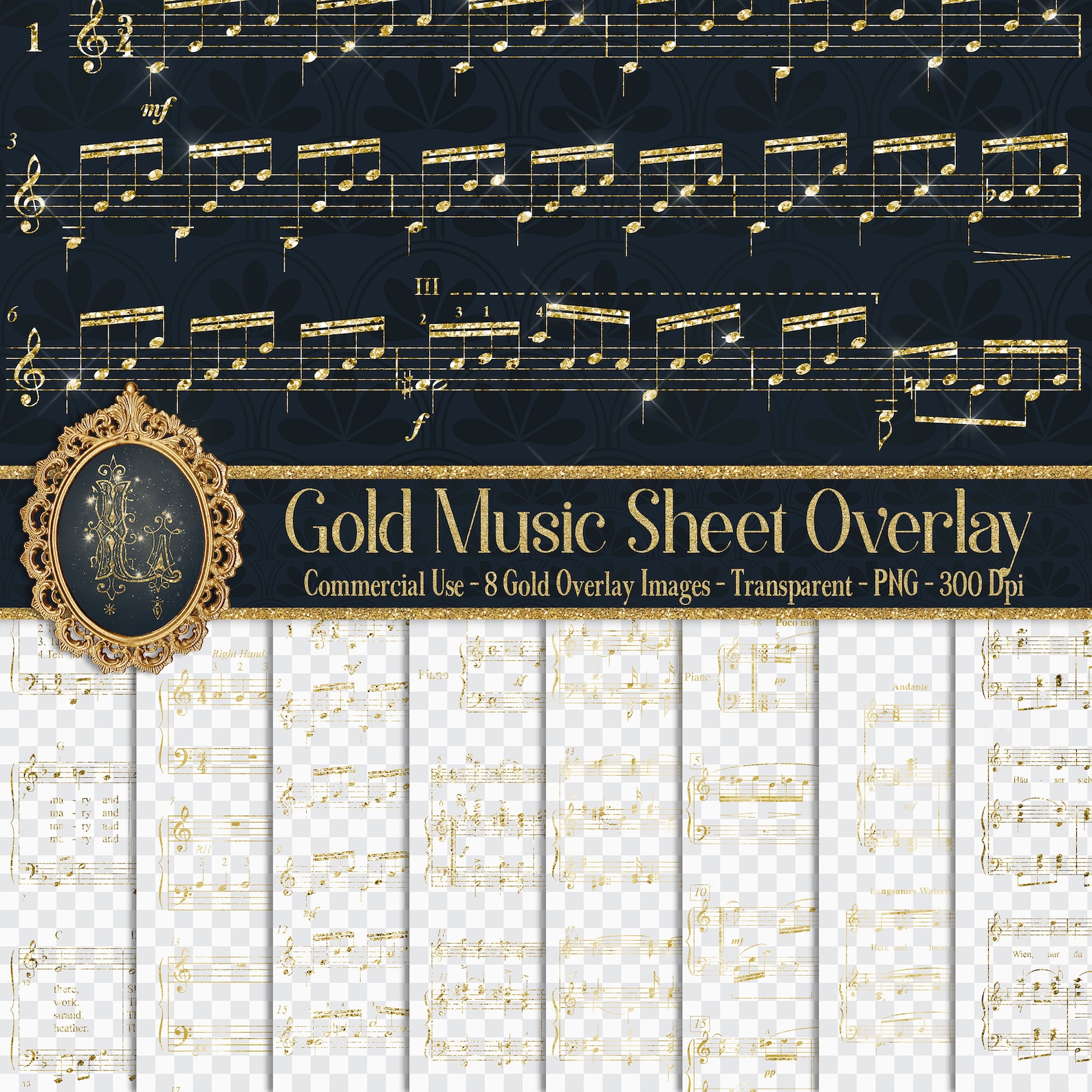 8 Gold Glitter Music Sheet Overlay Images 12 inch 300 Dpi | Etsy