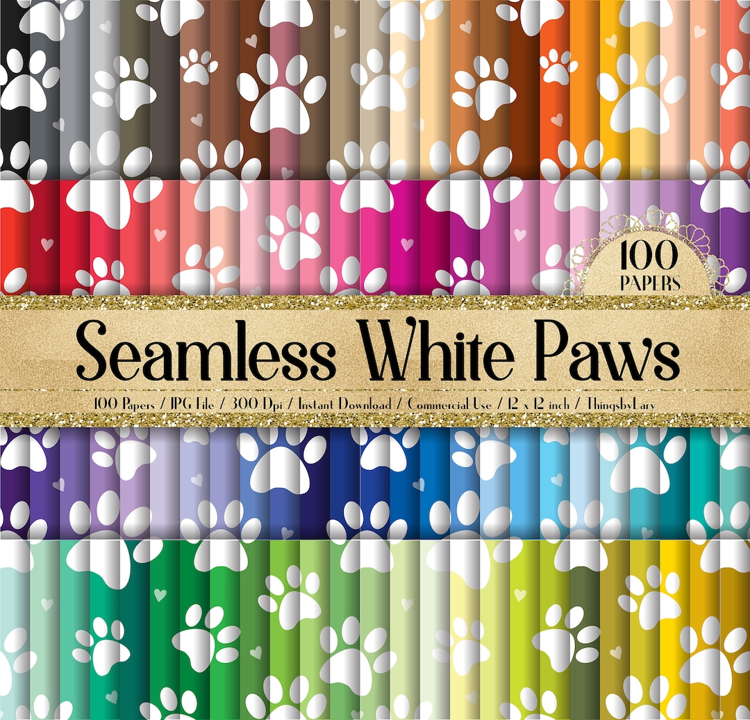 100 Seamless White Paw Print in Color Digital Papers 12x12" 300 Dpi ...