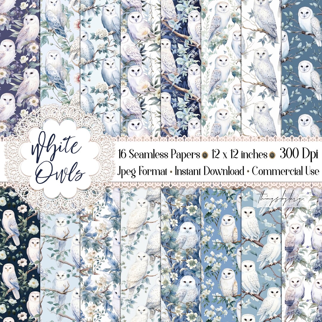 16 Seamless Watercolor White Owls Digital Papers Commercial Use Snowy ...