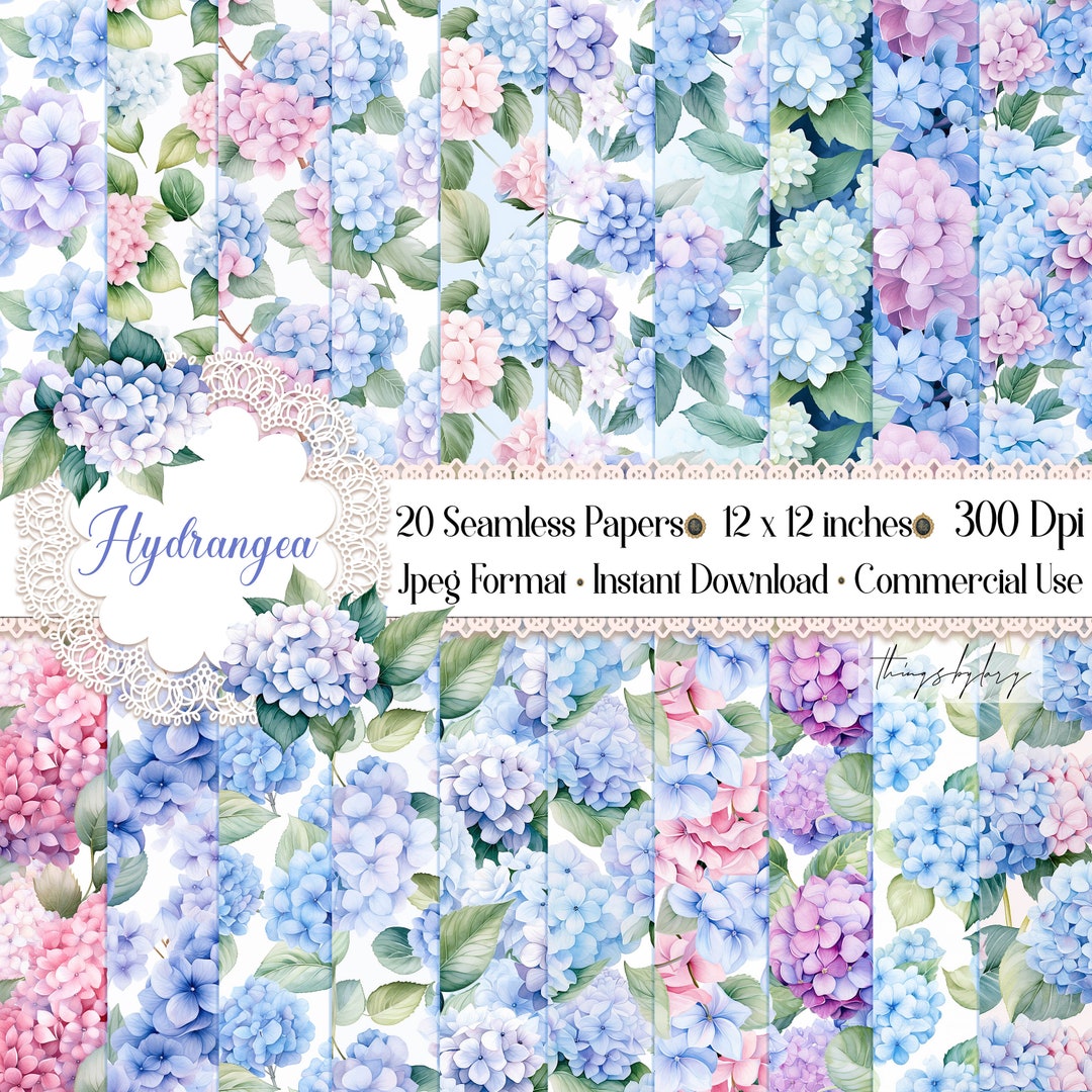 20 Seamless Watercolor Hydrangea Flowers Digital Papers Commercial Use ...