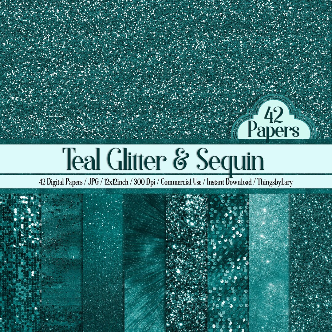 42 Teal Glitter Sequin Digital Papers 12x12" 300 Dpi Planner Paper ...