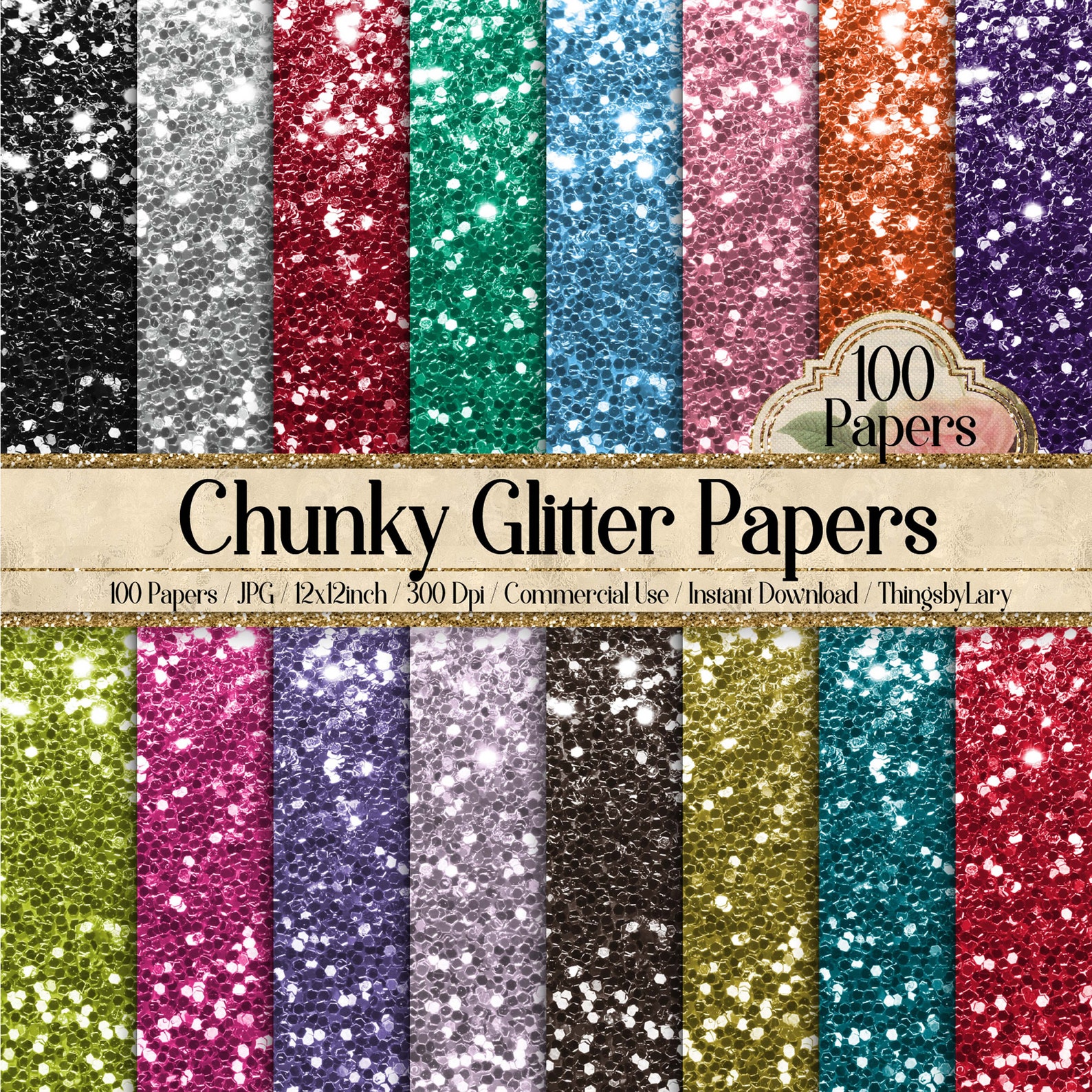 100 Chunky Glitter Digital Papers 12 Inch Instant Download Commercial ...