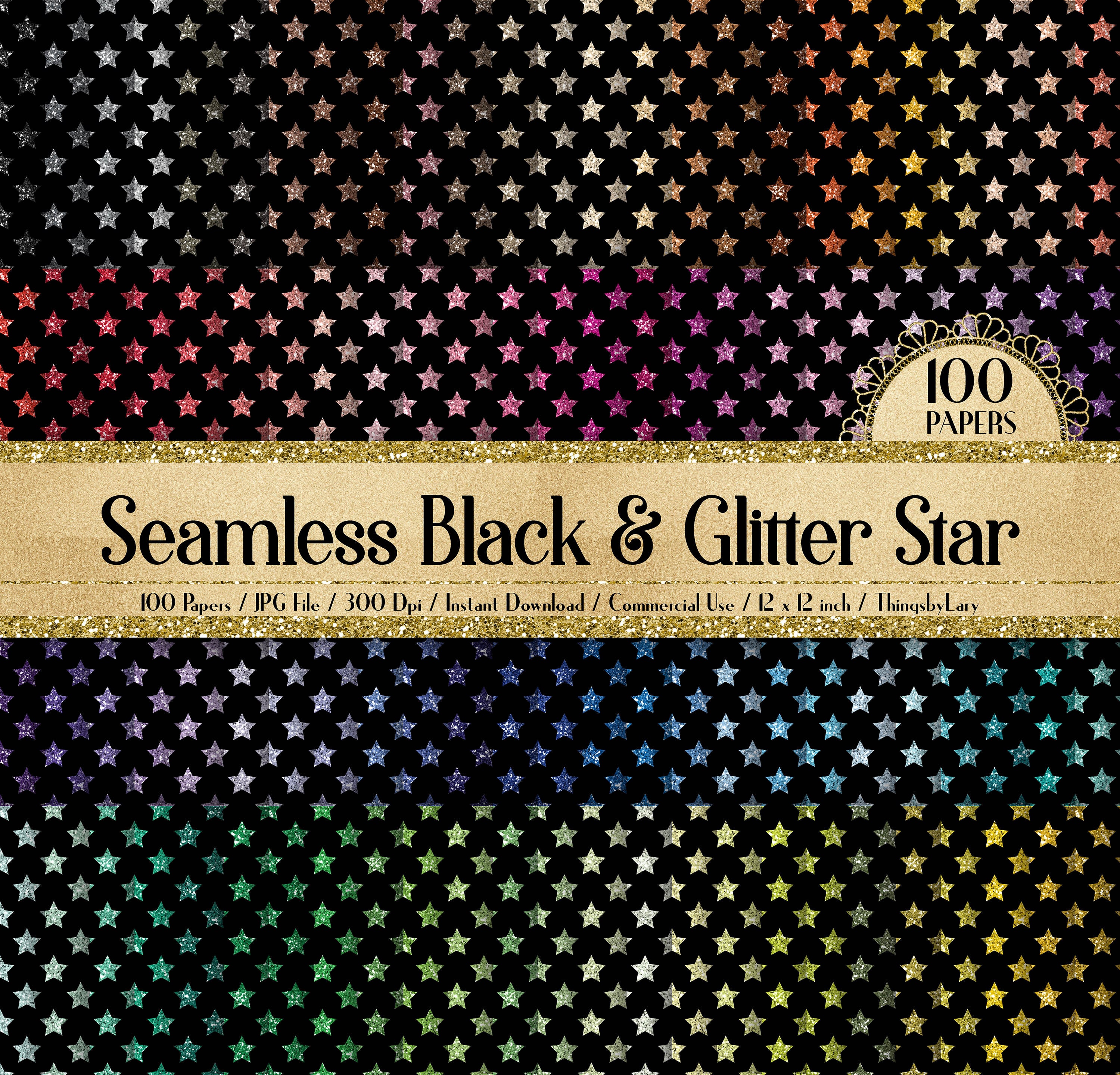 100 Seamless Black and Glitter Star Pattern Digital Papers 12x12" 300 ...