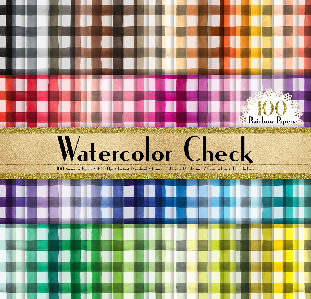 100 Seamless Watercolor Check Papers in 12" X 12", 300 Dpi Planner ...
