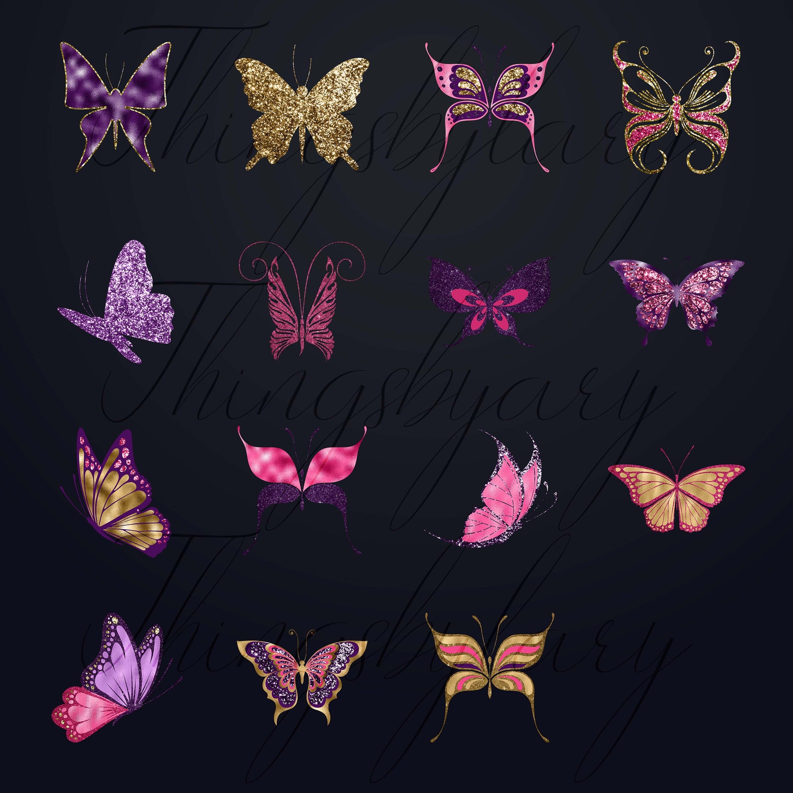 15 Pink and Purple Butterflies Gold Glitter Foil Butterfly Clip Arts ...