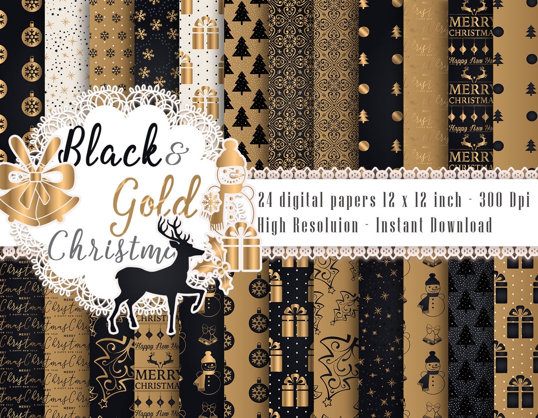 24 Black & Gold Christmas Digital Papers 12 X 12 Inch 300 Dpi Instant ...