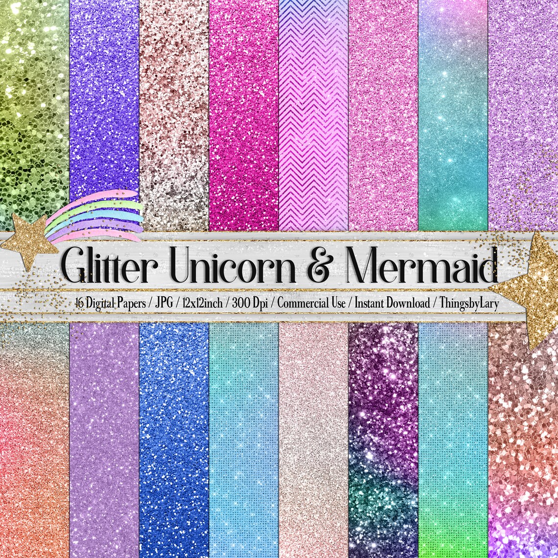 16 Magical Fairy Tale Unicorn Mermaid Glitter Digital Papers - Etsy