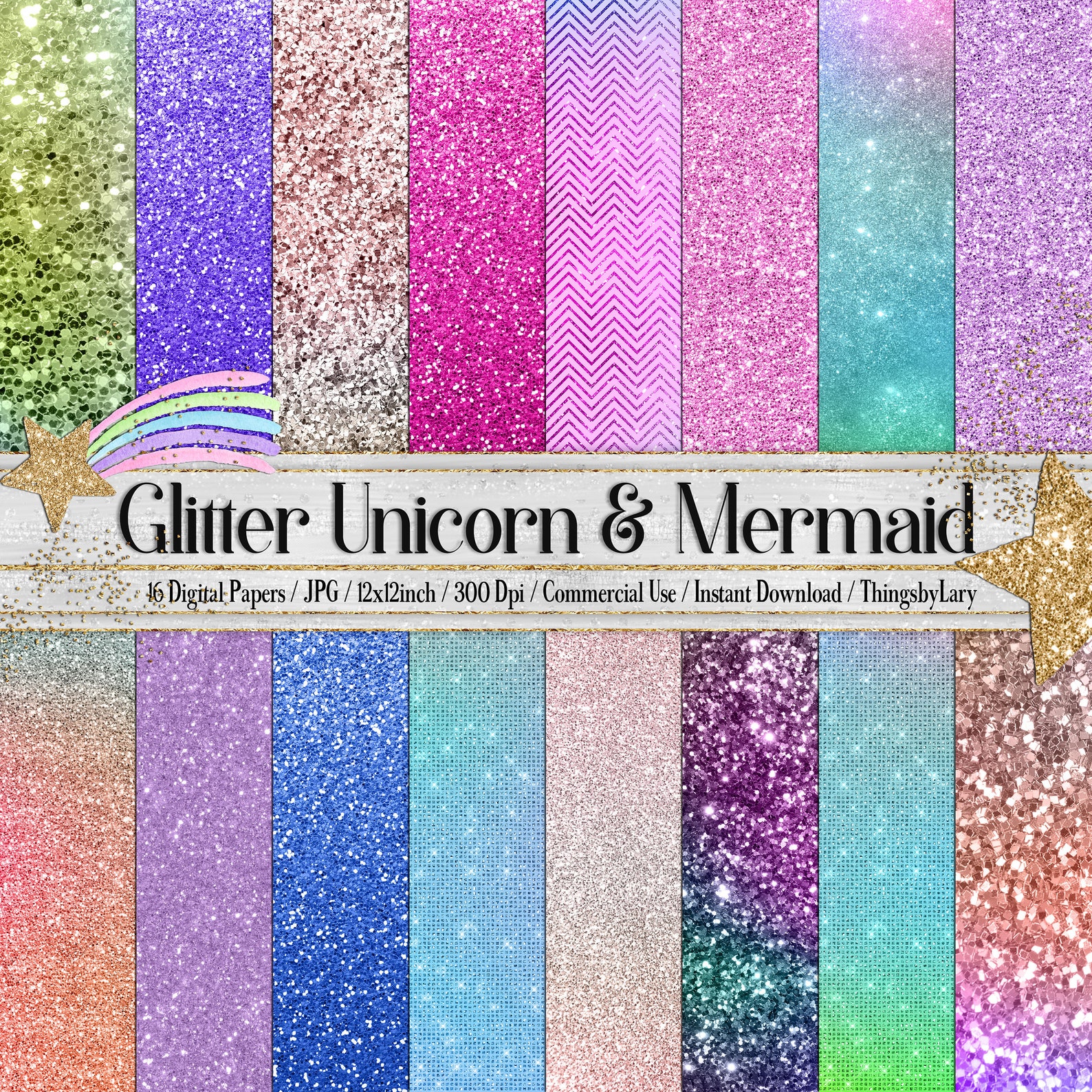 16 Magical Fairy Tale Unicorn Mermaid Glitter Digital Papers - Etsy
