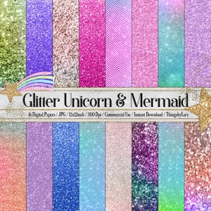 16 Magical Fairy Tale Unicorn Mermaid Glitter Digital Papers Commercial ...