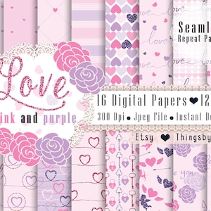 16 Pastel Pink and Purple Love Seamless Papers 12 X 12 Inch 300 Dpi ...
