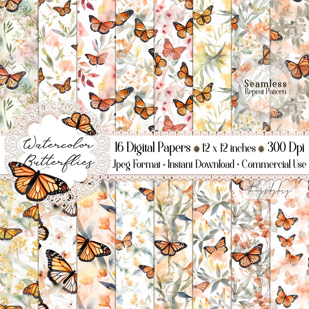16 Seamless Watercolor Monarch Butterfly Digital Papers 12" 300 Dpi ...