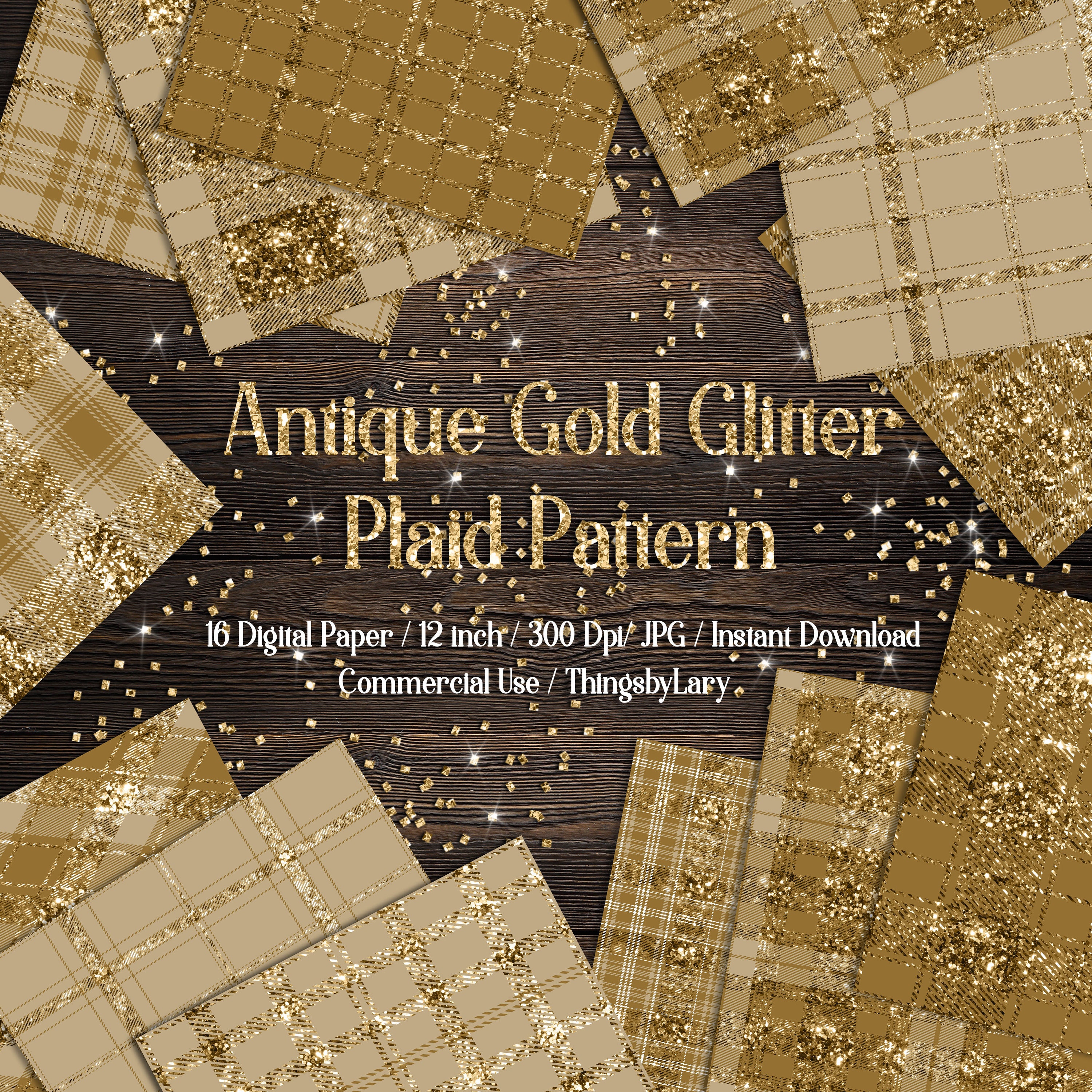 16 Antique Gold Glitter Plaid Tartan Digital Paper Pack 12inch | Etsy