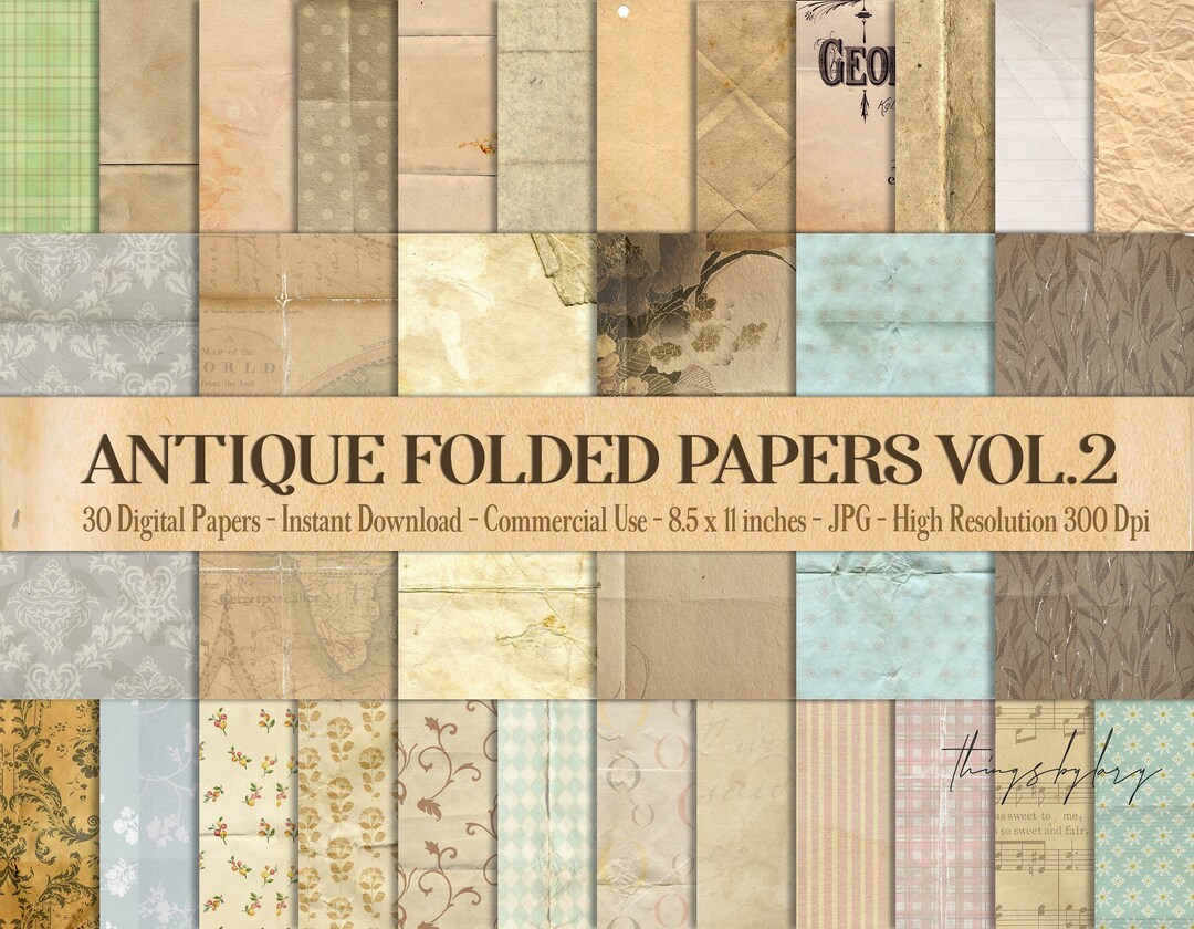 30 Folded Crumpled Antique Vintage Old Digital Papers Vol.2 8.5x11 300 ...
