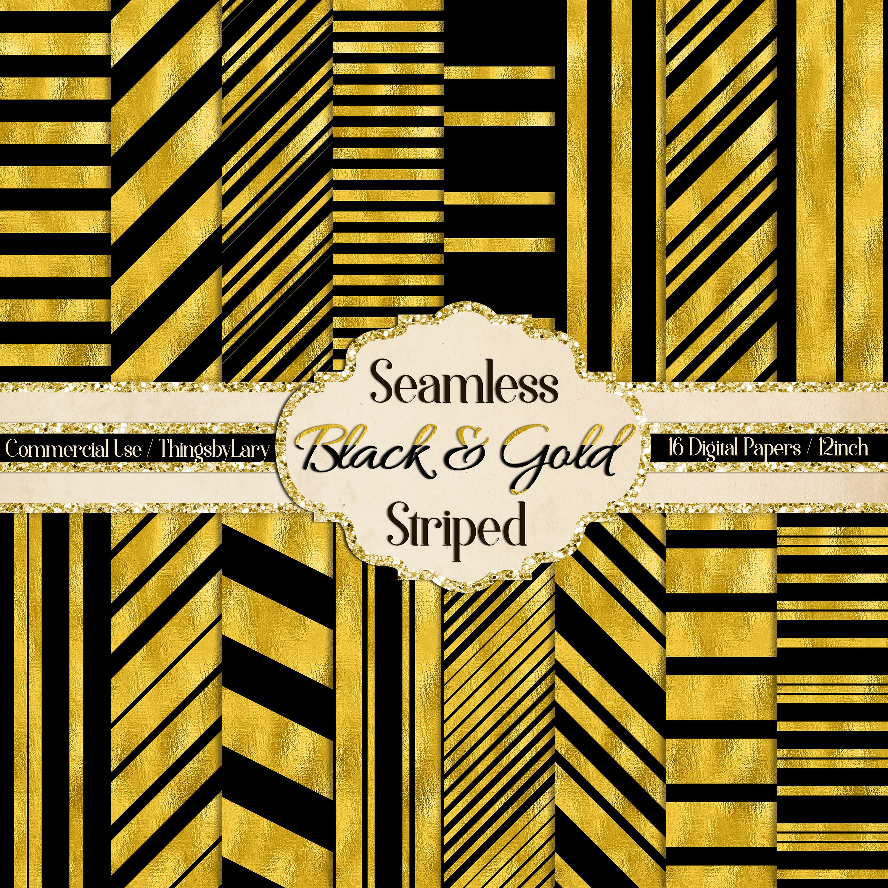 16 Black and Gold Seamless Striped Pattern Digital Papers 12 Inch 300 ...