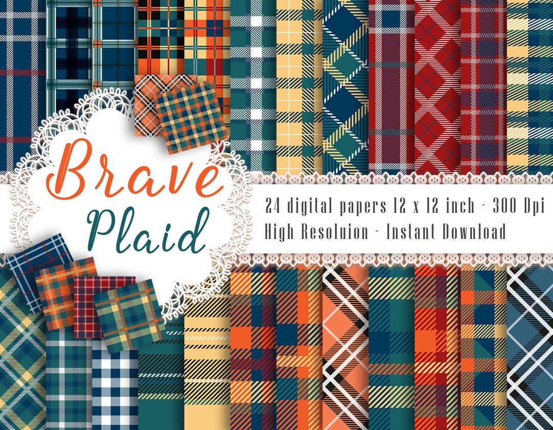 24 Orange and Dark Green Plaid Digital Papers in 12inch 300 Dpi Instant ...