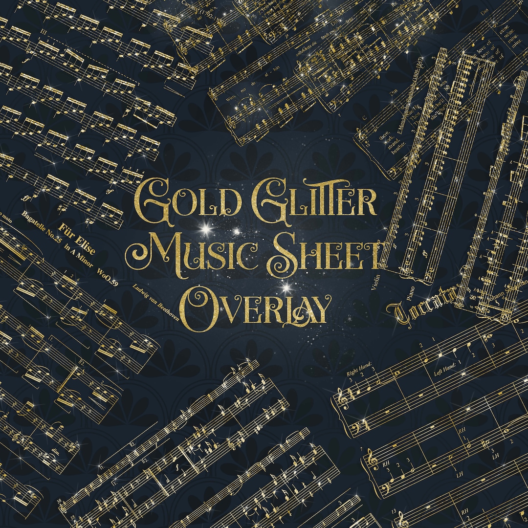 8 Gold Glitter Music Sheet Overlay Images 12 Inch, 300 Dpi Planner ...