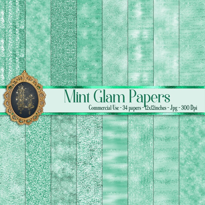 34 Mint Glam Digital Papers 12x12" Commercial Use Instant Download 300 ...