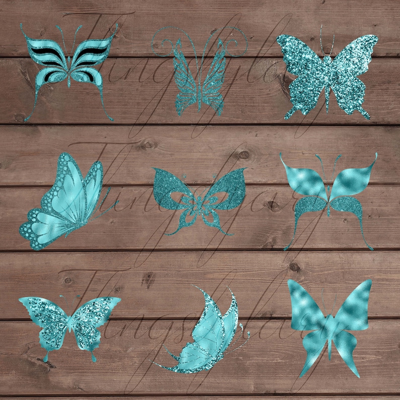 30 Teal Glitter Foil Butterfly Digital Images 300 Dpi Instant | Etsy