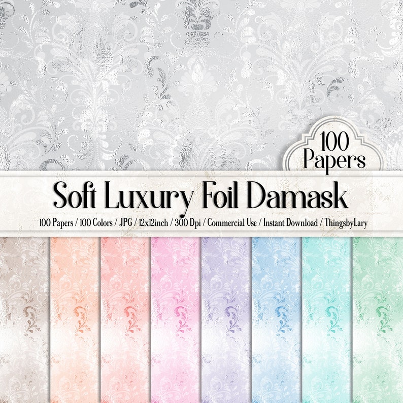 100 Soft Luxury Foil Damask Digital Papers 12x12" 300 Dpi Planner ...