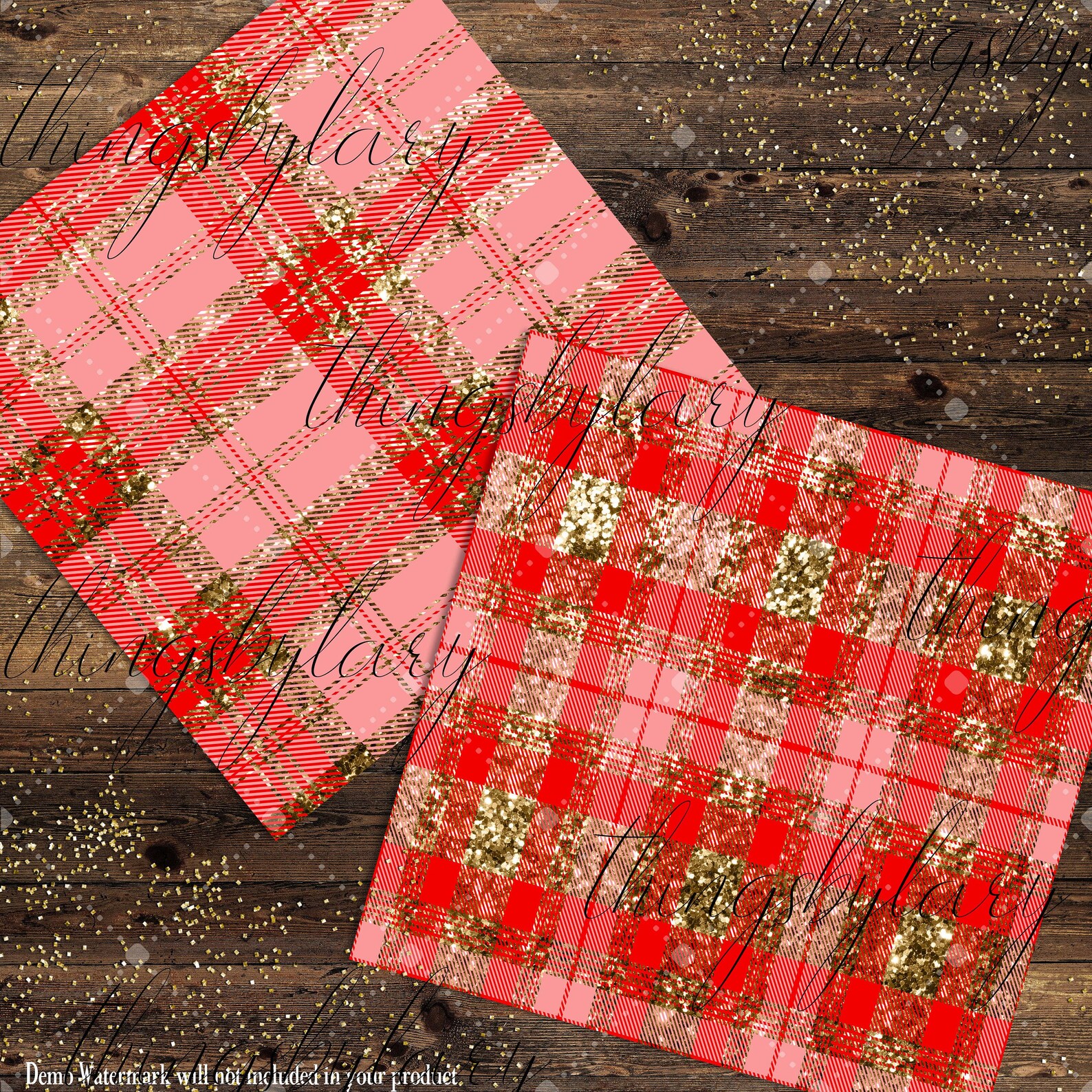 16 Luxury Gold and Red Glitter Plaid Tartan Digital Paper Pack 12inch ...