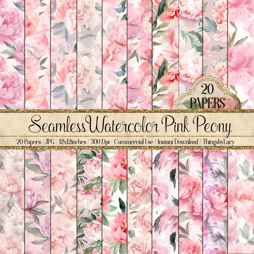 20 Seamless Watercolor Pink Peony Flowers Digital Papers 12x12" 300 Dpi ...