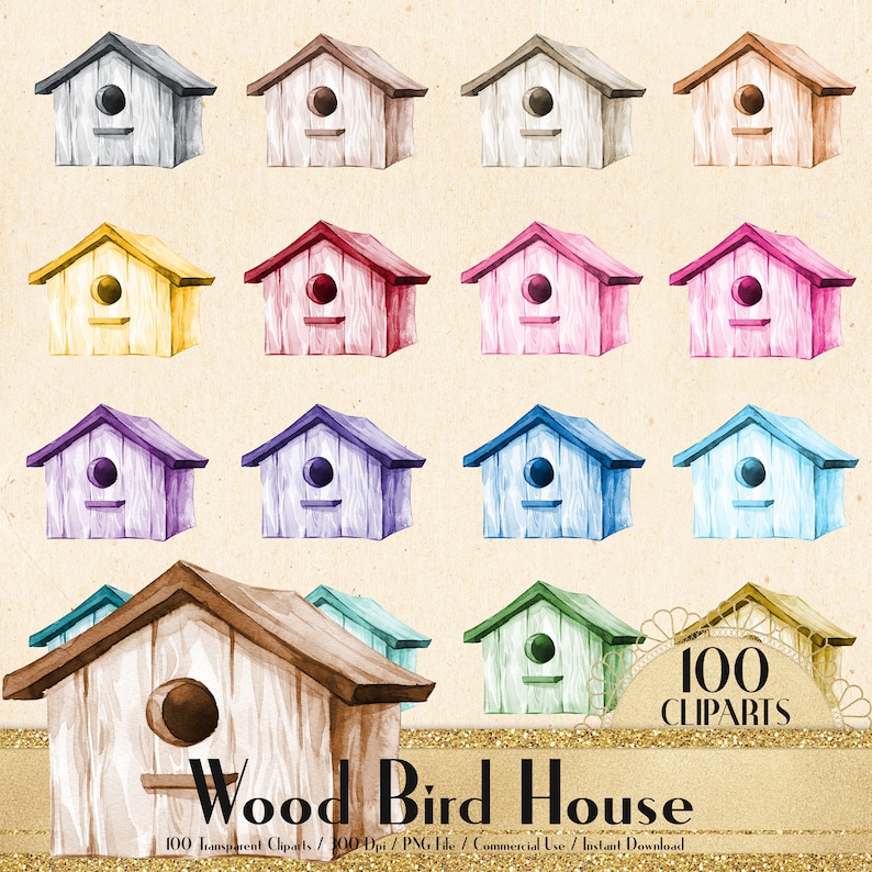 100 Watercolor Wooden Bird House Cliparts Planner Clipart - Etsy