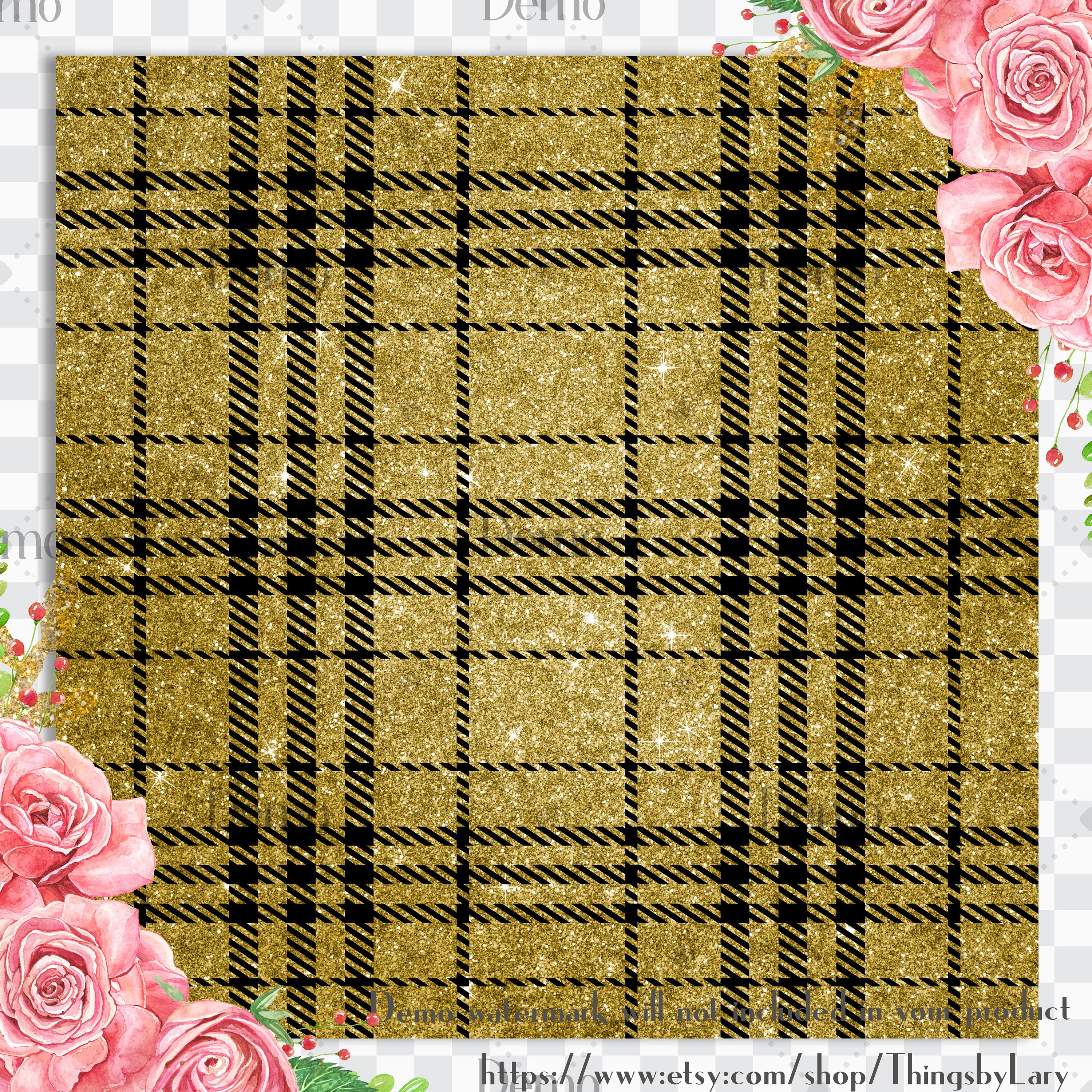 16 Gold Glitter Tartan Plaid Gingham Check Digital Papers 12inch 300 ...